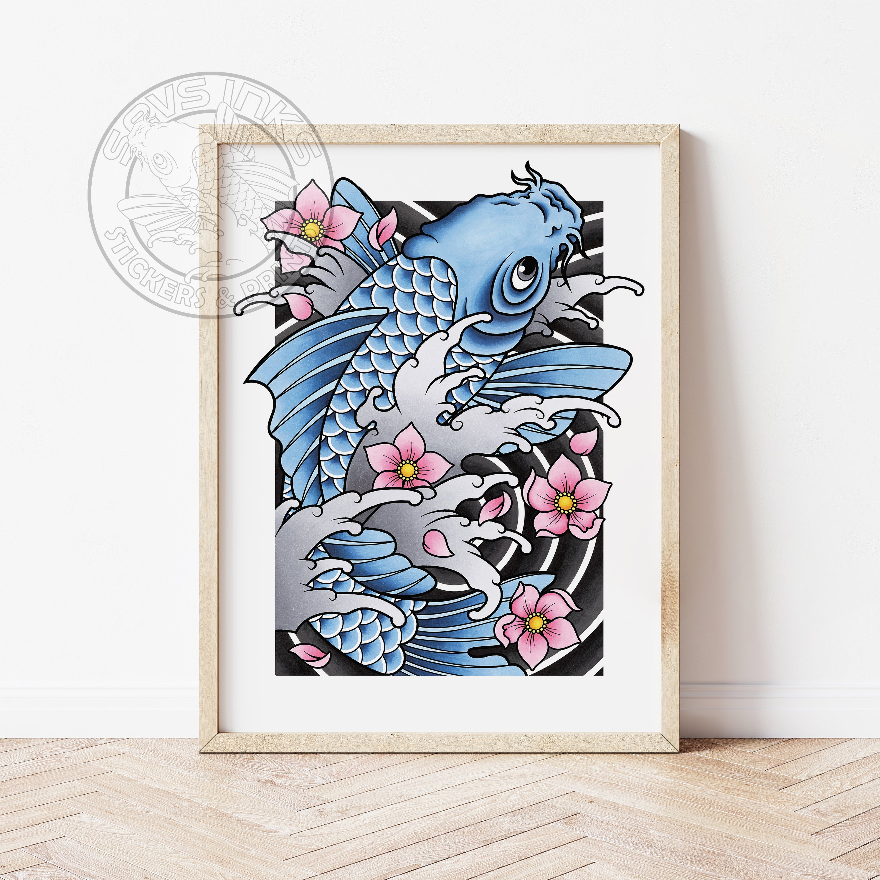 Blue Koi Fish and Cherry Blossom Traditional Irezumi Japanese Tattoo F ...