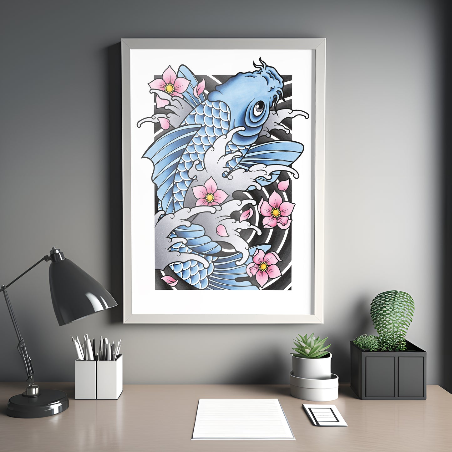 Blue Koi Fish and Cherry Blossom Traditional Irezumi Japanese Tattoo F ...